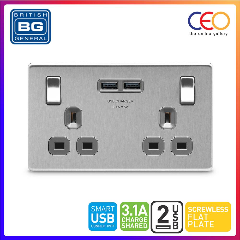 British General 2 Gang Switched Wall Power Socket Outlet Screwless ...