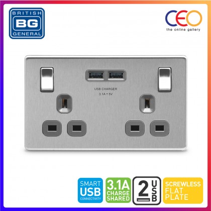 British General 2 Gang Switched Wall Power Socket Outlet Screwless ...