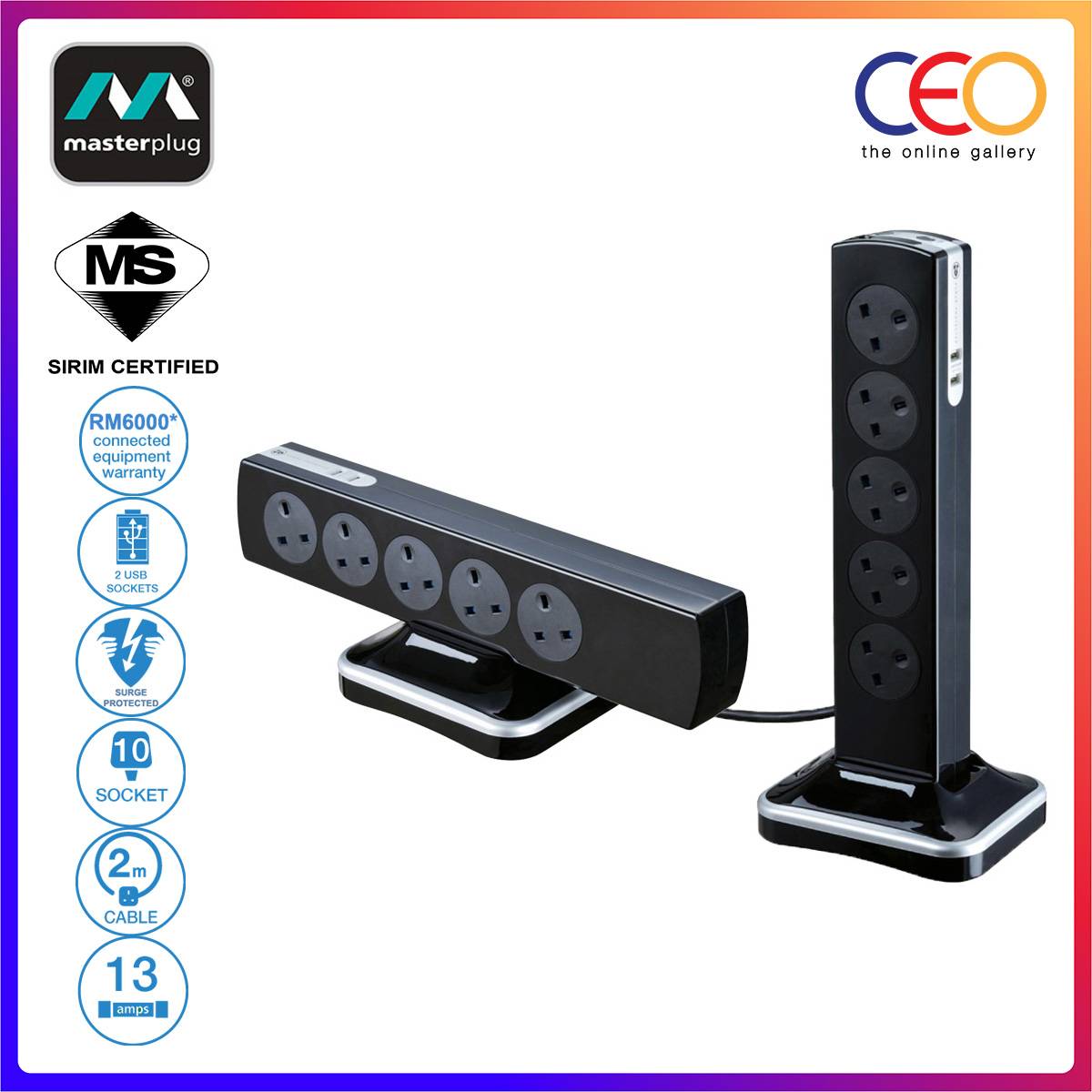 Masterplug Surge Protector 10 Gang 2 USB 3.1A 2 Meter Extension Leads ...