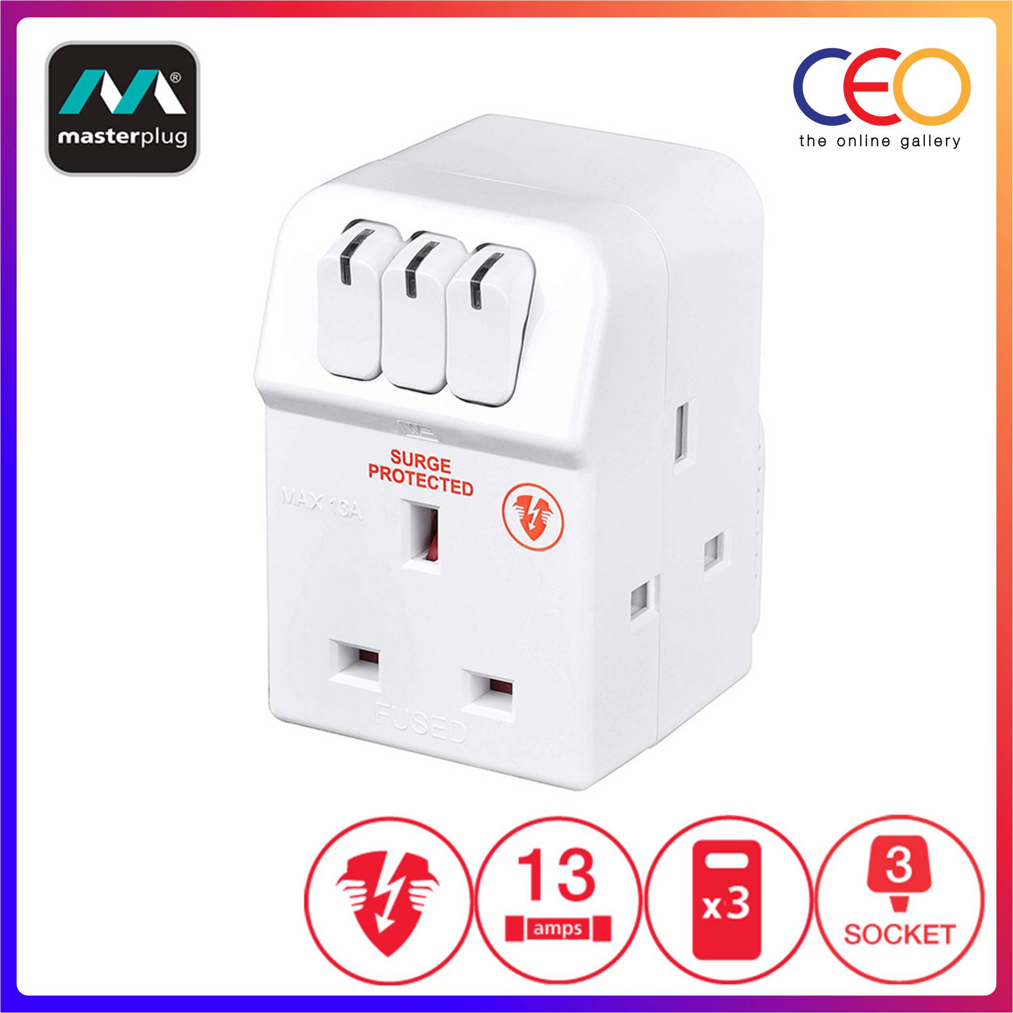 Masterplug Surge Protector 3 Gang 13Amp Individually Switched Adaptor ...