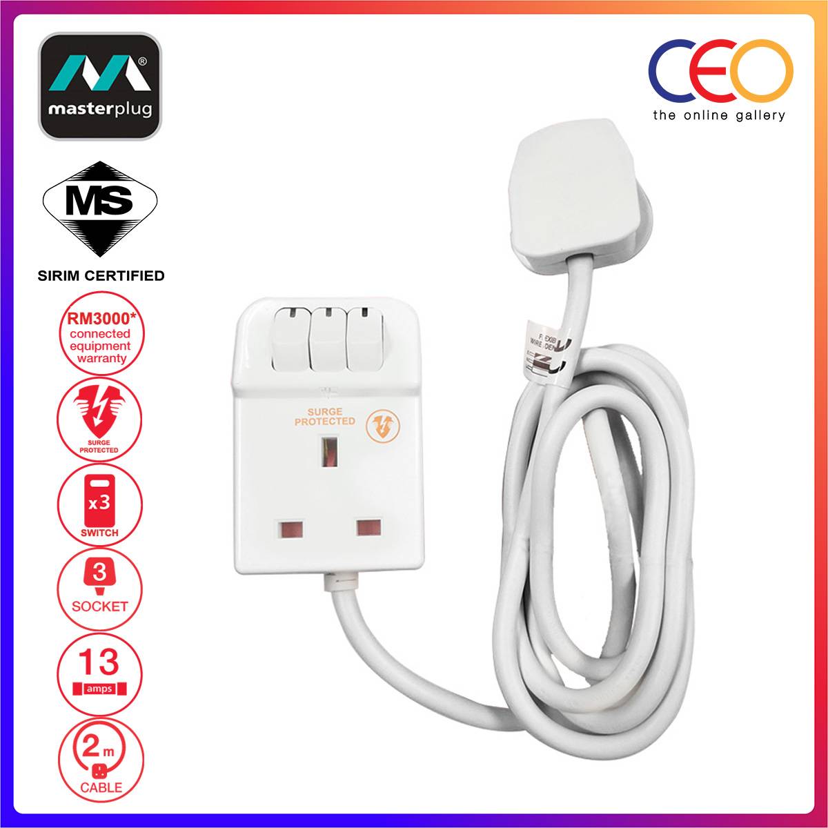 Masterplug surge protector 3 gang 2 meter extension lead SWSRG32C