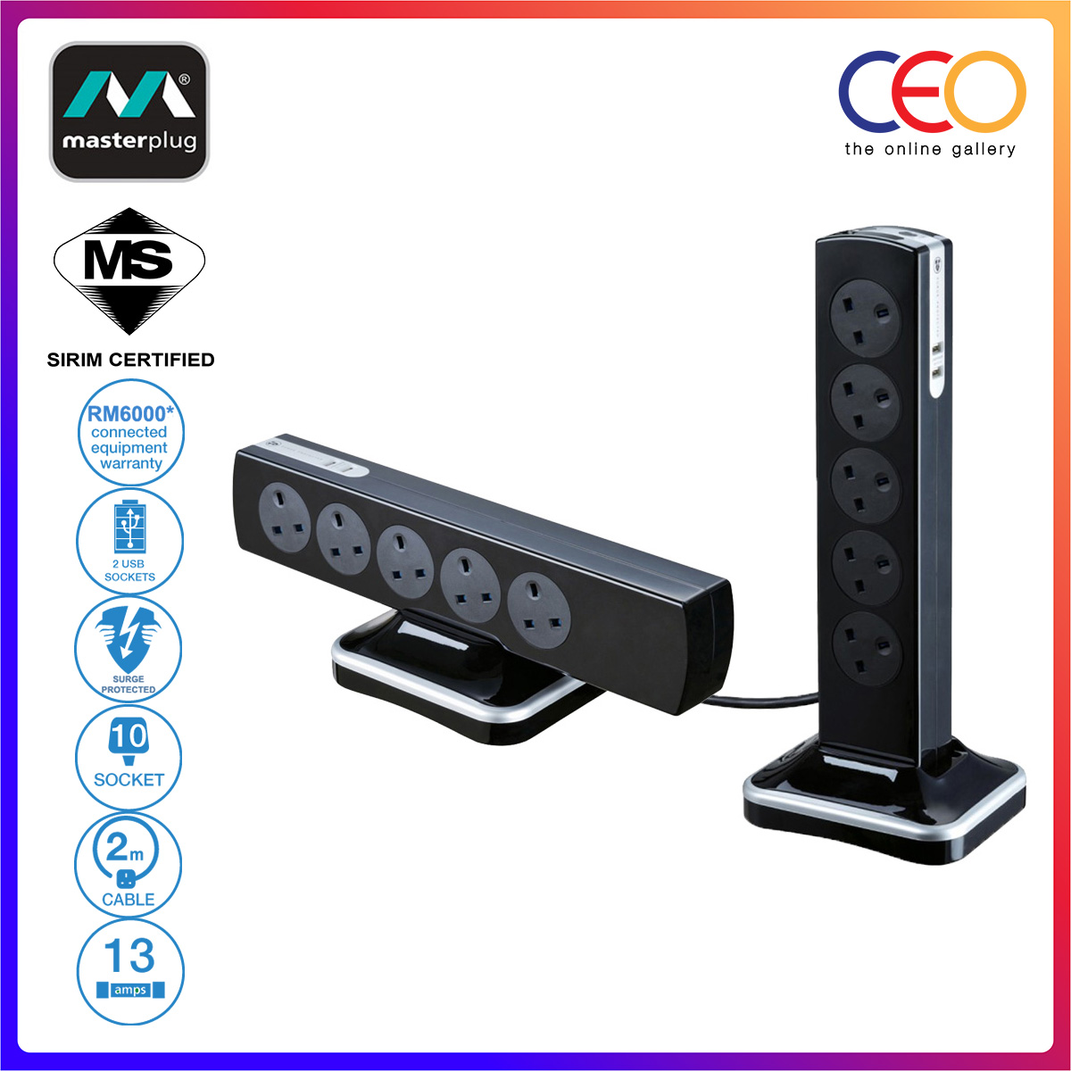 Masterplug Surge Protector 10 Gang 2 USB 3.1A 2 Meter Extension Leads ...