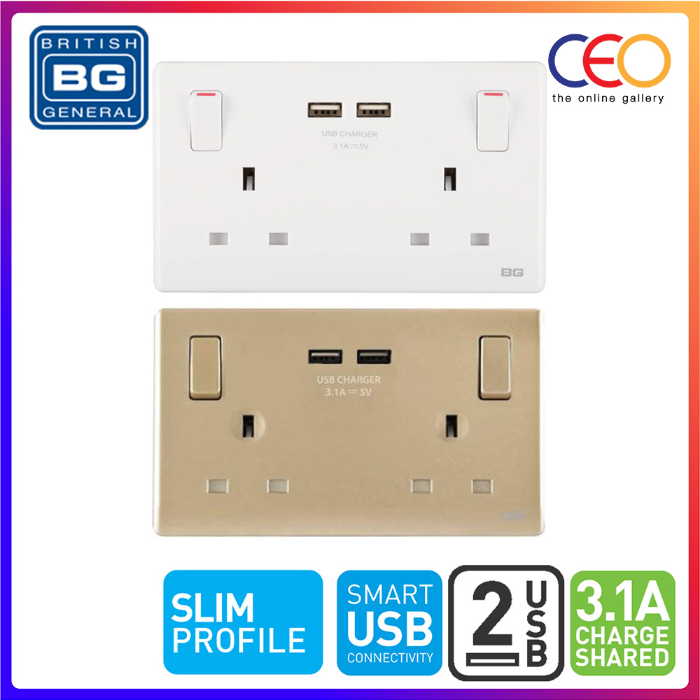 British General Neo Slimline 2 Gang 13Amp Switched Type G Socket with 2 ...